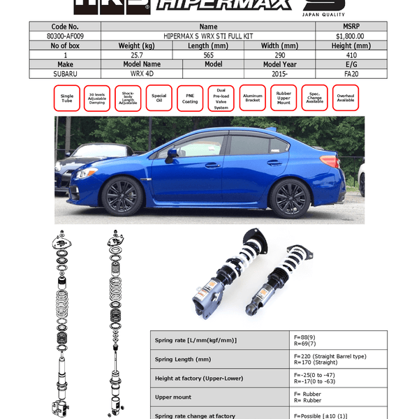 HKS HIPERMAX S Full Coilover Kit Subaru WRX/STI 2015-2021 | 80300-AF00 | JDMuscle